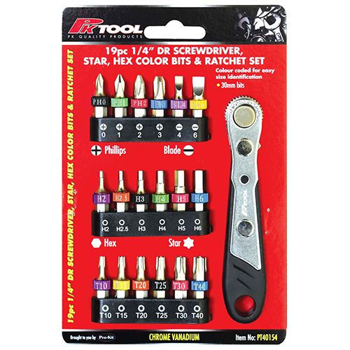 PT40154-19pc 1/4” DR CR-V COLOR SCREWDRIVER, STAR, HEX BITS & RATCHET ...