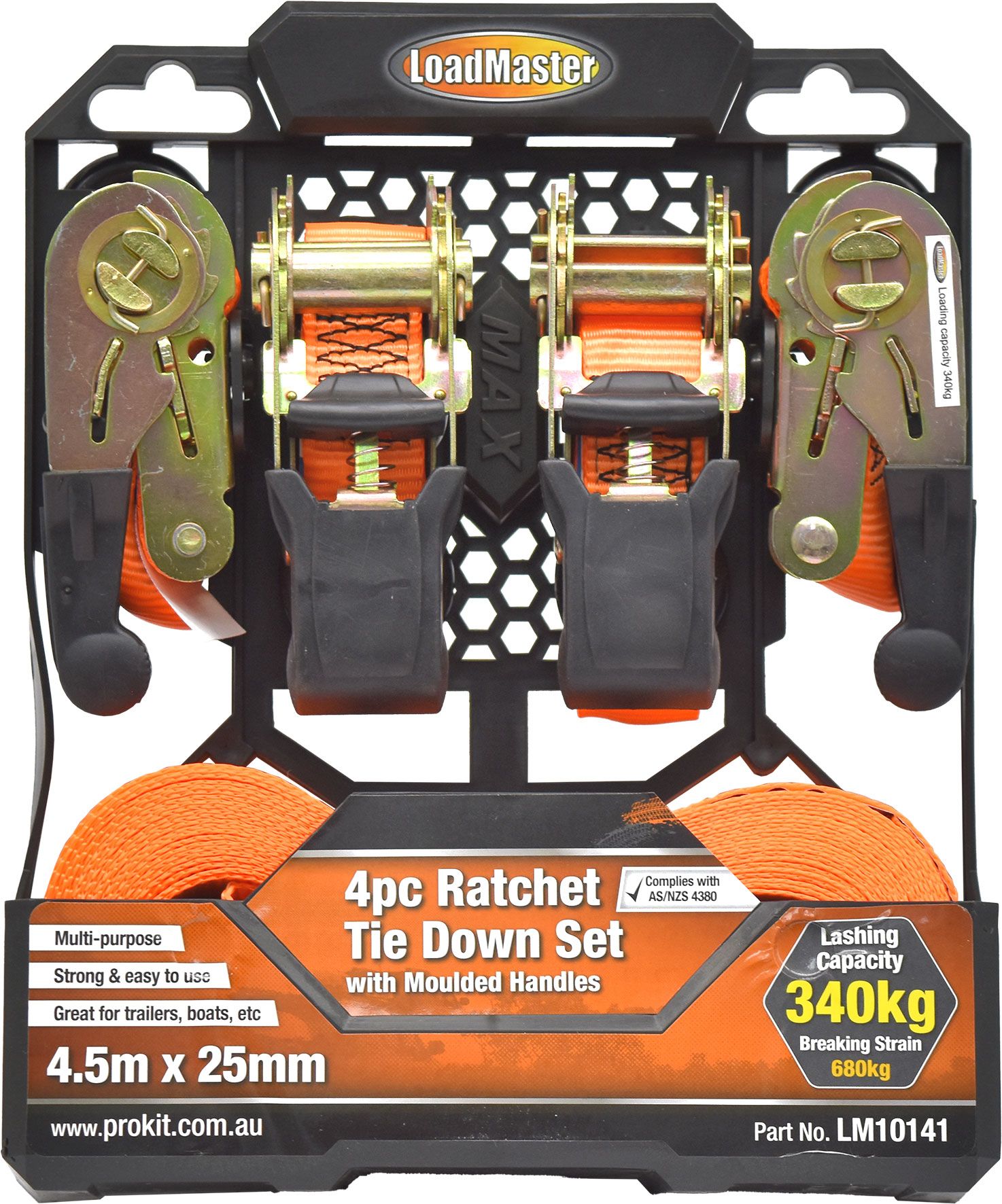 LM10141-4pc 4.5M 25mm Ratchet Tie Down Set with Moulded Handles & S ...